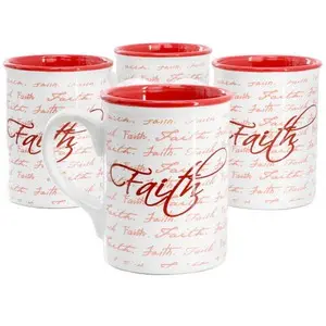GIBSON HOME Inspirational Words Faith 4 Piece 16 Ounce Stoneware Mug Set - Red