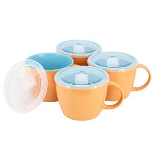 GIBSON HOME On The Go 4 Piece 25 Ounce Stoneware Soup Cup Set With Lid - Orange