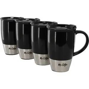 MR. COFFEE Coupleton 4 Piece 15 Ounce Stoneware Travel Mug Set With Lid - Black
