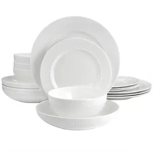 GIBSON ELITE Embossed Bone China 16 Piece Double Bowl Dinnerware Set - White