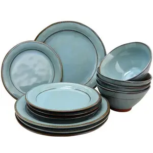 GIBSON ELITE Terranea 12 Piece Round Terracotta Dinnerware Set - Blue