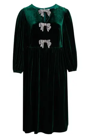SUGARLIPS Jena Glow Bow Long Sleeve Velvet Midi Dress - Emerald