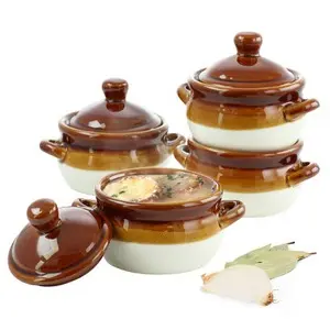 ELAMA 4 Piece Double Handle 15 Ounce French Onion Soup Bowl With Lid - Brown