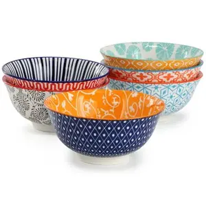 ELAMA Roxey 6 Piece Assorted Design 20oz Porcelain Footed Bowl Set Color - Multi