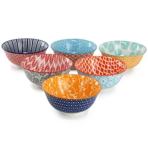 ELAMA Roxey 6 Piece Assorted Design 20oz Porcelain Footed Bowl Set Color