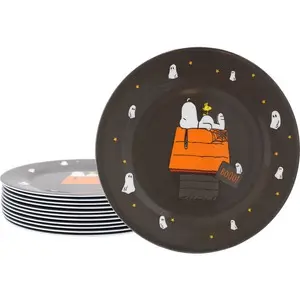 Gibson Snoopy Pumpkin 12 Piece Melamine 10.5 Inch Dinner Plate Set - Black