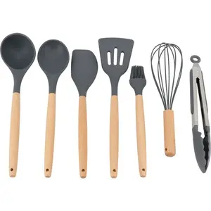 GIBSON HOME Holton 7 Piece Silicone Beech Wood Kitchen Tool Set - Gray