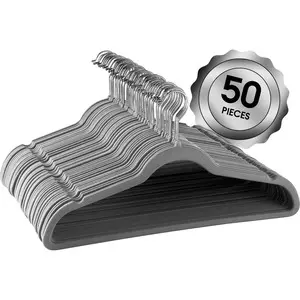 ELAMA 50 Piece Flocked Velvet Clothes Hangers With Stainless Steel Swivel Hooks - Grey