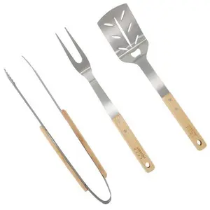 GIBSON HOME Barbecue Plus 3 Piece Barbecue Tool Set With Rubberwood Handles - Brown