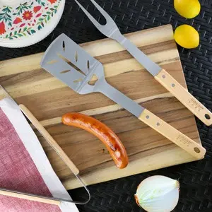GIBSON HOME Barbecue Plus 3 Piece Barbecue Tool Set With Rubberwood Handles