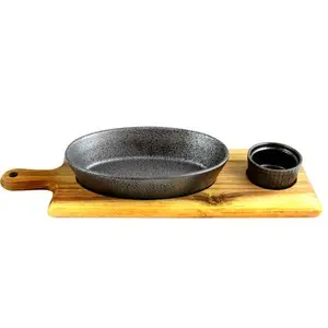 GIBSON ELITE Gracious Dining 3-piece Reactive Fine Ceramic Bowl Set With Acacia Wood Tray - Grey