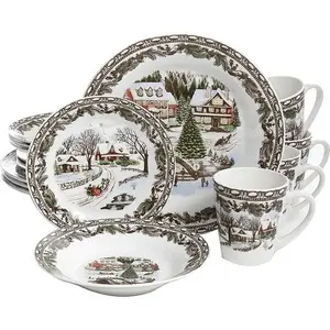 GIBSON HOME Christmas Toile 16 Piece Dinnerware Set - White