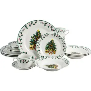 GIBSON HOME 20 Piece Ceramic Christmas Tree Trimming Dinnerware Set - White