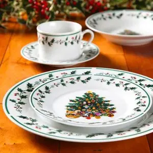 GIBSON HOME 20 Piece Ceramic Christmas Tree Trimming Dinnerware Set