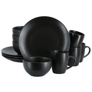 GIBSON HOME Everyday Plus 12 Piece Round Stoneware Dinnerware Set - Black