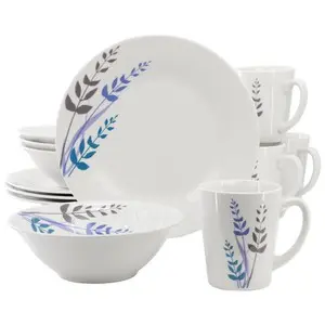 GIBSON HOME Blue Leaves 12 Piece Round Fine Ceramic Decorated Dinnerware Set - White