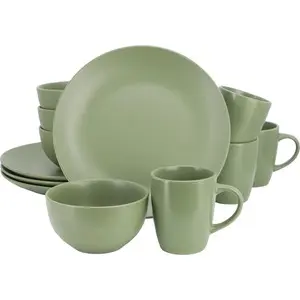 GIBSON HOME Everyday Plus 12 Piece Round Stoneware Dinnerware Set - Green