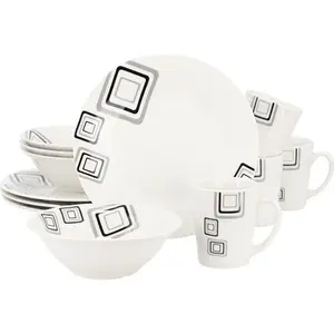 GIBSON HOME Black Squares 12 Piece Round Fine Ceramic Dinnerware Set - White