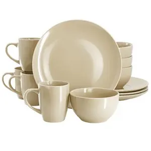 GIBSON HOME Everyday Plus 12 Piece Stoneware Dinnerware Set - Beige