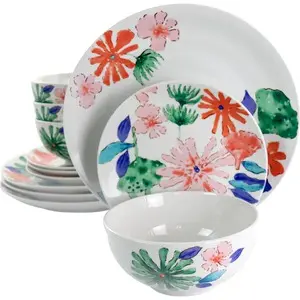 GIBSON HOME Dazzling Lily 12 Piece Ceramic Dinnerware Set - White