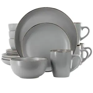 GIBSON HOME Rockaway 16 Piece Stoneware Gold Rimmed Dinnerware Set - Grey