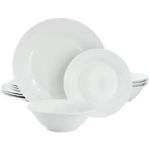 GIBSON HOME Everyday Embossed 12 Piece Round Ceramic Dinnerware Set - White