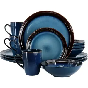 GIBSON ELITE 16 Piece Priya Reactive Glaze Stoneware Dinnerware Set - Blue
