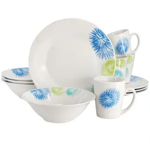 GIBSON HOME Blue Meadow 12 Piece Fine Ceramic Dinnerware Set - White