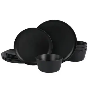 GIBSON HOME Fairhope 12 Piece Melamine Round Dinnerware Set - Black