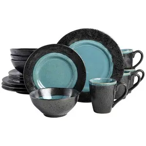GIBSON ELITE Dragonstone 16 Piece Stoneware Reactive Glaze Dinnerware Set - Black