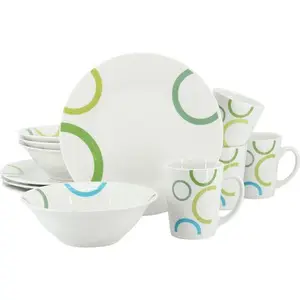 GIBSON HOME Green Loops 12 Piece Round Fine Ceramic Dinnerware Set - White