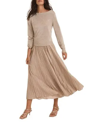 Mint Velvet Metallic Knit Layered Sweater Maxi Dress - Gold
