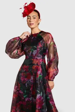 Coast Organza Floral Puff Sleeve Midi Dress - Pink