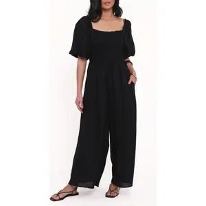 PETAL & PUP Ebony Smocked Puff Sleeve Wide Leg Jumpsuit - Black