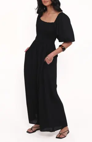 PETAL & PUP Ebony Smocked Puff Sleeve Wide Leg Jumpsuit