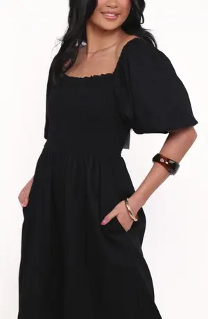 PETAL & PUP Ebony Smocked Puff Sleeve Wide Leg Jumpsuit
