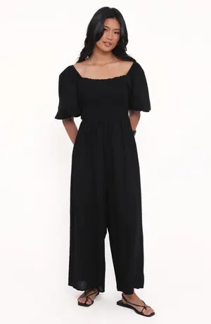 PETAL & PUP Ebony Smocked Puff Sleeve Wide Leg Jumpsuit