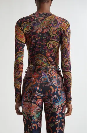 Etro Paisley Fitted Mesh Top - Print On Blue Base