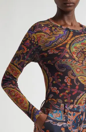 Etro Paisley Fitted Mesh Top - Print On Blue Base