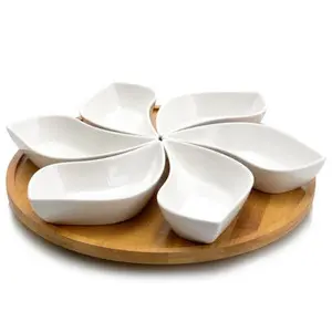 ELAMA SIGNATURE Modern 13.5 Inch 7pc Lazy Susan Appetizer And Condiment Server Set With 6 Unique Design Serving Dishes And A Wood Lazy Suzan Serving - White