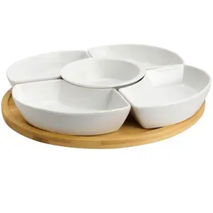 ELAMA SIGNATURE 12 1/4 Inch 6-piece Lazy Susan Appetizer And Condiment Server Set With 5 Serving Dishes And A Wood Lazy Suzan Serving Tray - White