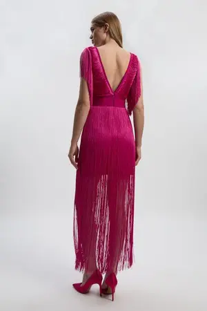 Karen Millen Draped Fringe Maxi Dress - Magenta