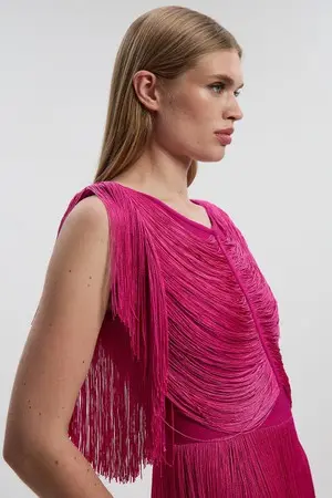 Karen Millen Draped Fringe Maxi Dress - Magenta