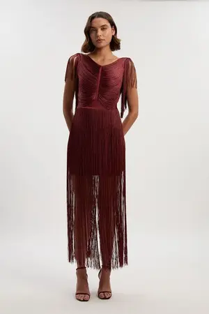 Karen Millen Draped Fringe Maxi Dress - Rich Red