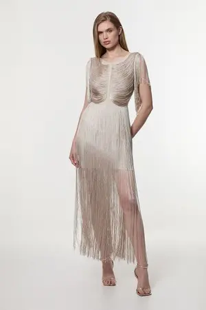 Karen Millen Karen Millen Draped Fringe Maxi Dress Silver