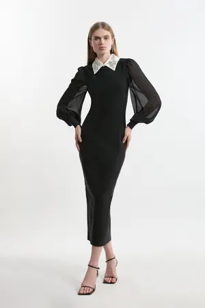 Karen Millen Embellished Collar Sheer Balloon Sleeve Knit Midi Dress - Black