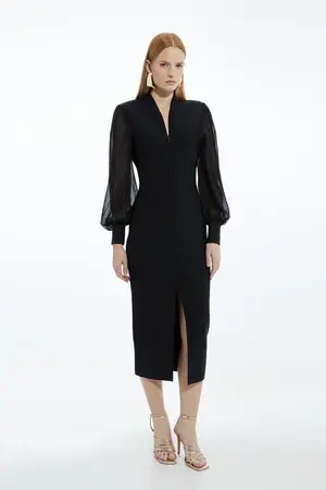 Karen Millen Zip Detail Chiffon Sleeve Knit Dress - Black