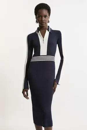 Karen Millen Rib Knit Polo Zip Up Midi Dress