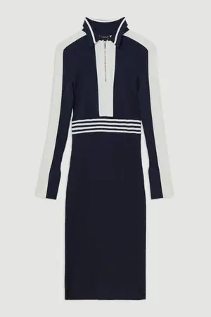 Karen Millen Rib Knit Polo Zip Up Midi Dress
