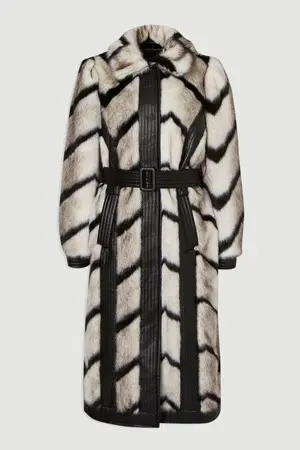 Karen Millen Stripe Faux Fur Belted Long Coat